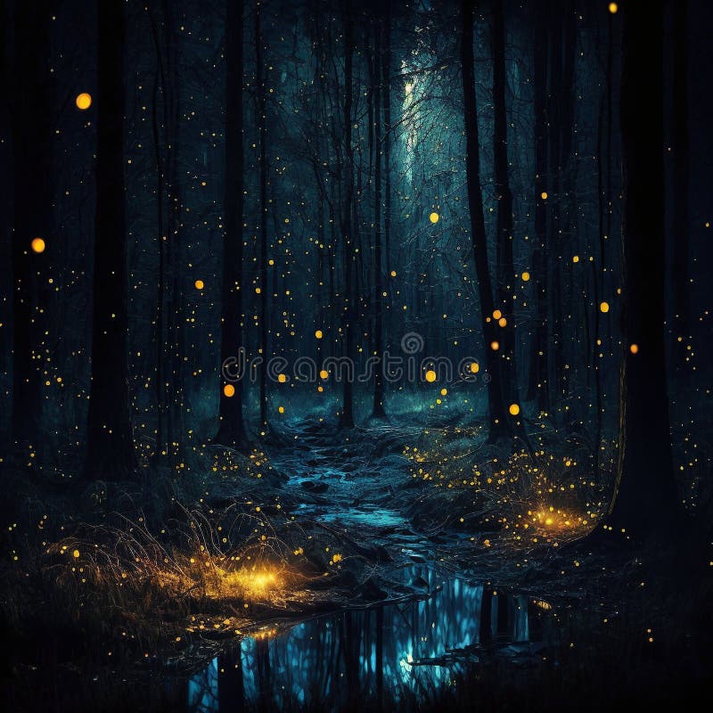 AI Generated Illustration of a Dark Forest with Magical Sparkly Lights ...