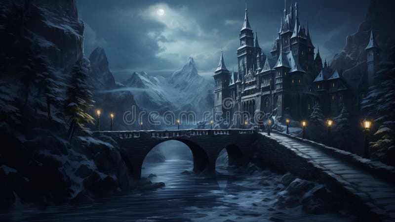 AI-generated Illustration of a Dark Medieval Castle Illuminated by ...
