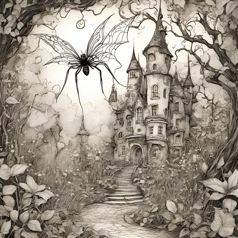 AI Generated Illustration of a Castle-style Building with a Spider and ...