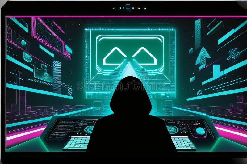 A Dark Silhouetted Person is in Front of a Computer Screen with Neon ...