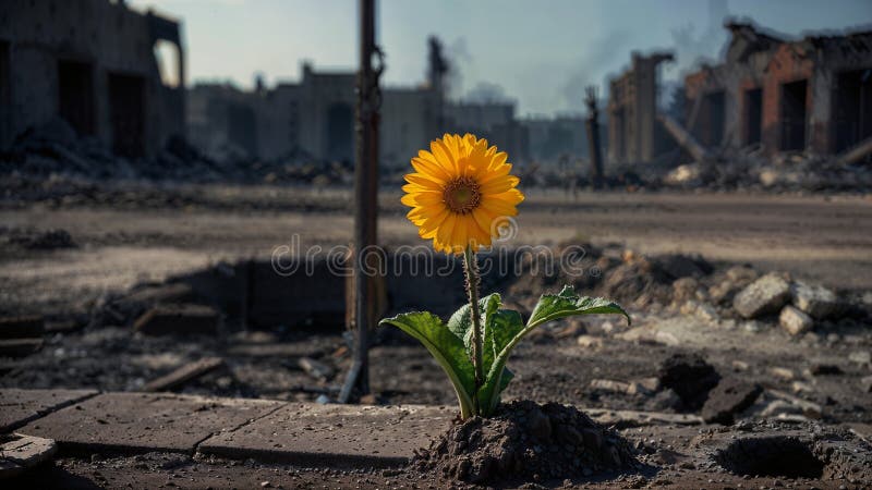 AI Generated Illustration of a Delicate Flower with a Destroyed City in ...