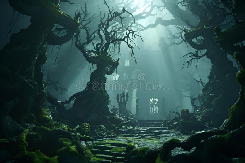 A Creepy, Dark Forest with Some Trees Growing from it Stock ...