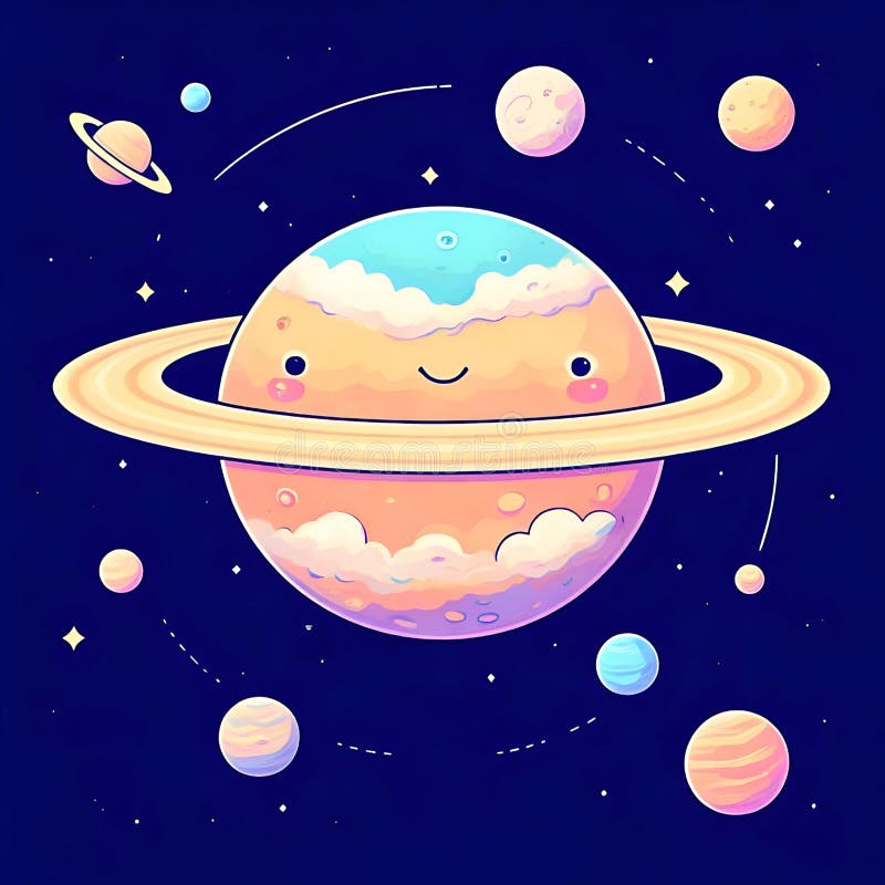 Whimsical Saturn and Friends in a Cosmic Playground Stock Illustration ...