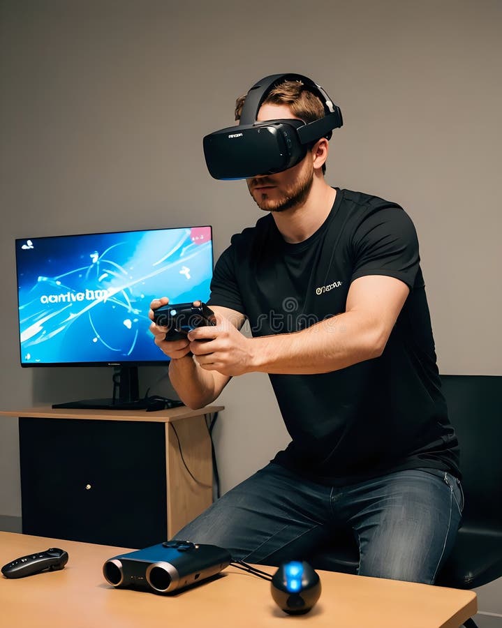 Virtual Reality Gaming Setup with Player in Action Stock Illustration ...
