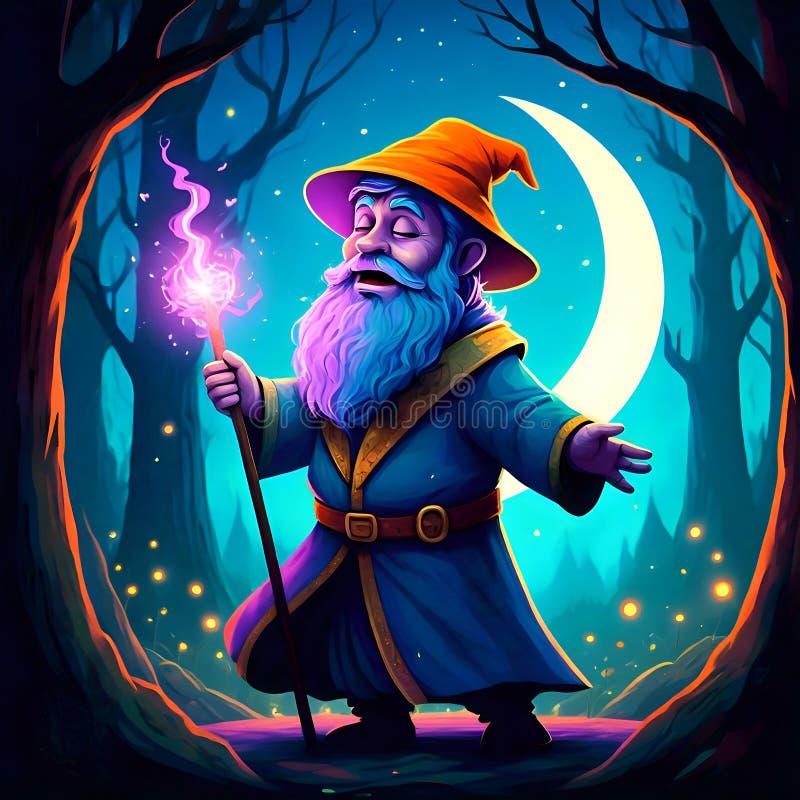 Enchanted Forest Wizard Under the Crescent Moon Stock Illustration ...