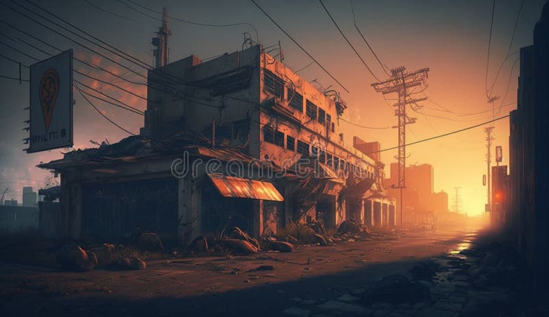 A Burned Up City with Many Windows in the Sunset Light Stock ...