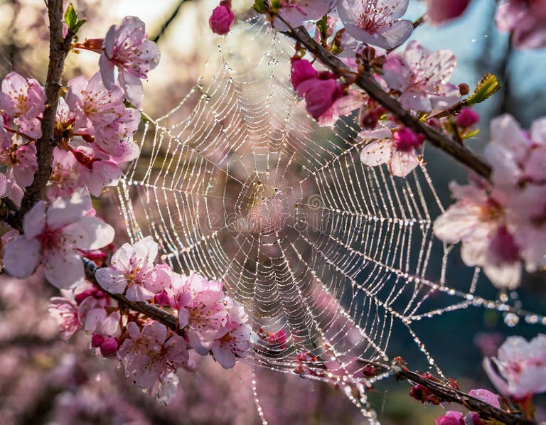 AI Generated Illustration of a Dew-covered Cobweb on Tree Branches ...