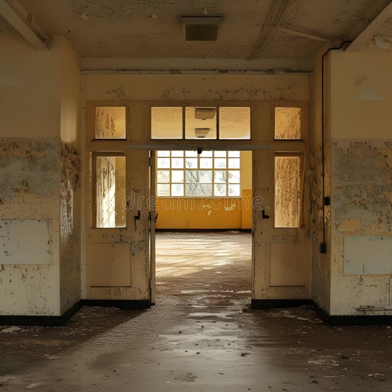 An Old Looking Run Down Room with Several Doors in it Stock ...