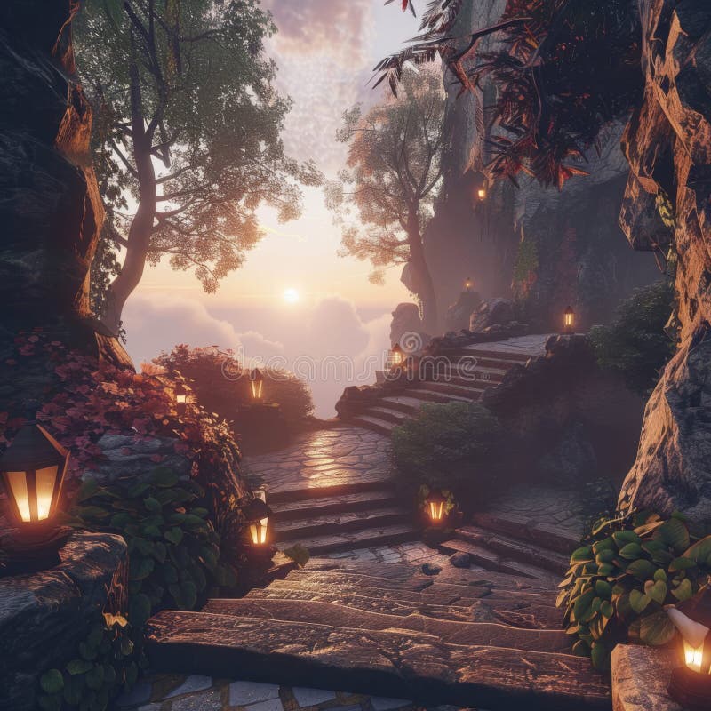 AI Generated Illustration of a Dim Stone Path with Glowing Lanterns in ...