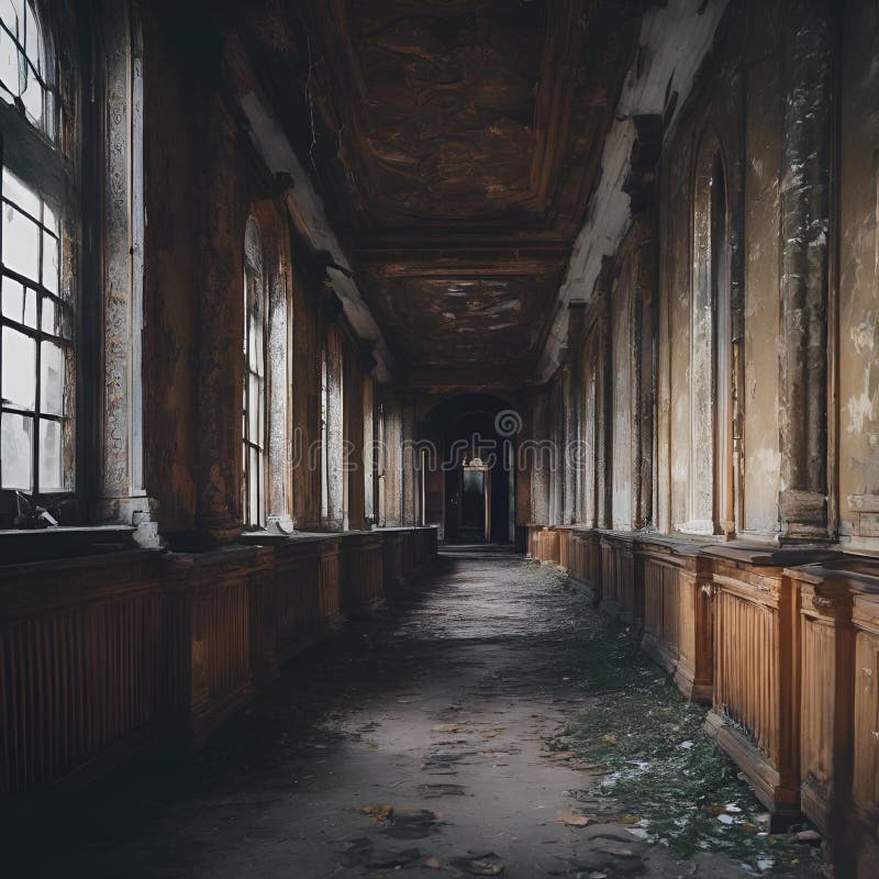 AI Generated Illustration of a Dimly Lit, Abandoned Hallway with ...