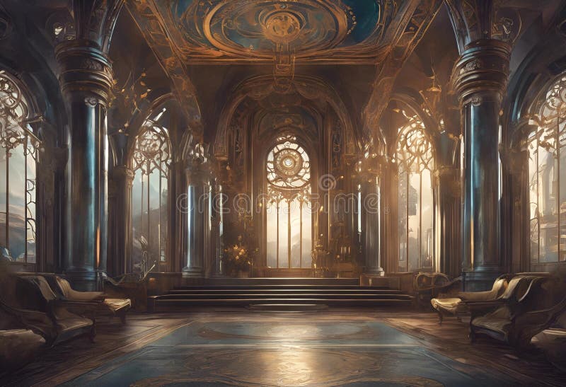 AI Generated Illustration of a Dimly Lit Castle Hall with Windows and ...