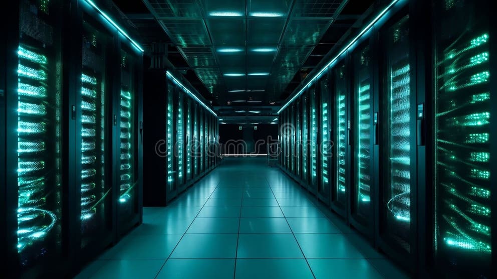 AI Generated Illustration of a Dimly Lit Computer Room with Dark ...