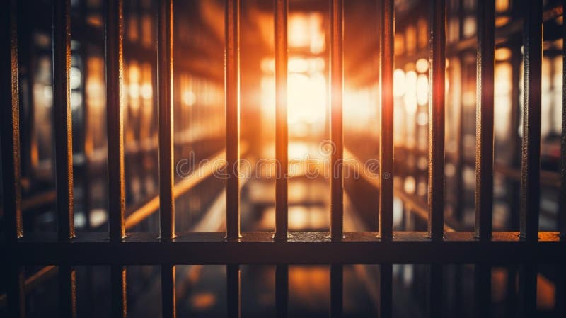 Jail Cells at Night with the Light Shining through the Bars Stock ...