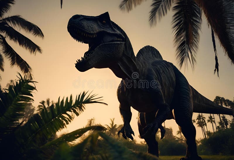 AI Generated Illustration of a Dinosaur Surrounded by Palm Trees in a ...