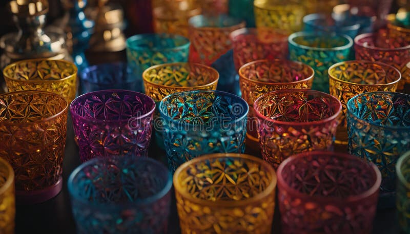Rows of Glasses on Display with Colored Glass Cups Sitting on a Table ...