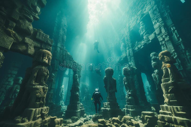 AI Generated Illustration of Divers Exploring the Old Sculptures of ...