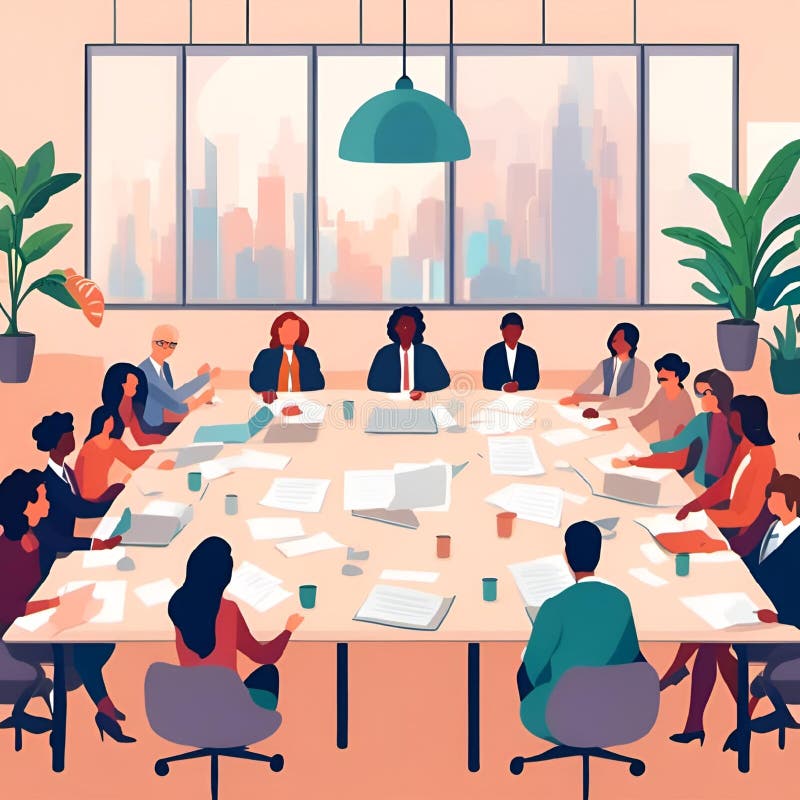 A Group of People Sitting at a Table with Documents Around it Stock ...