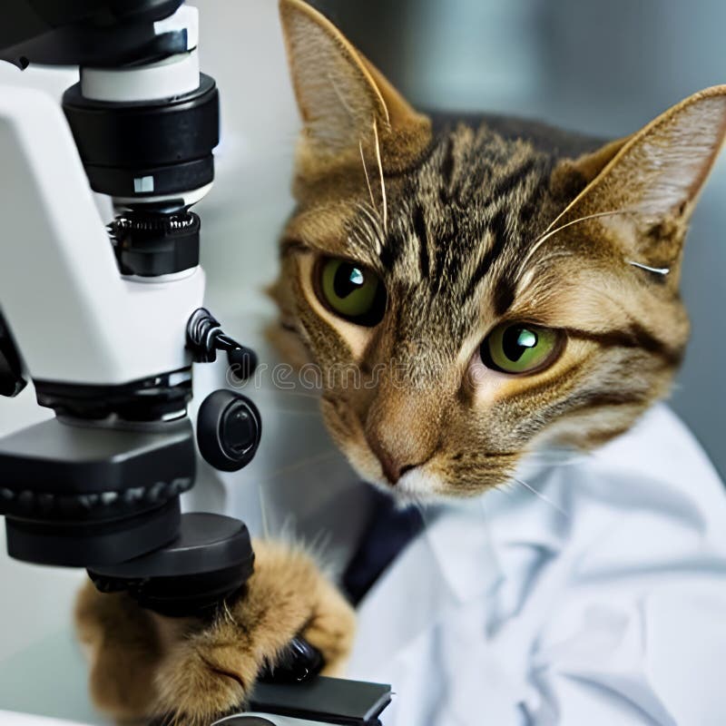 A Cat is Looking into the Microscope at Something Else in Front of Him ...