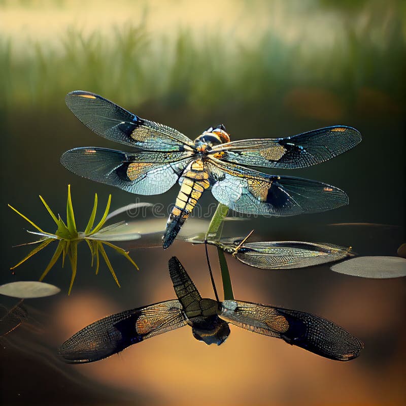 AI-generated Illustration of a Dragonfly Over a Pond Reflected in the ...