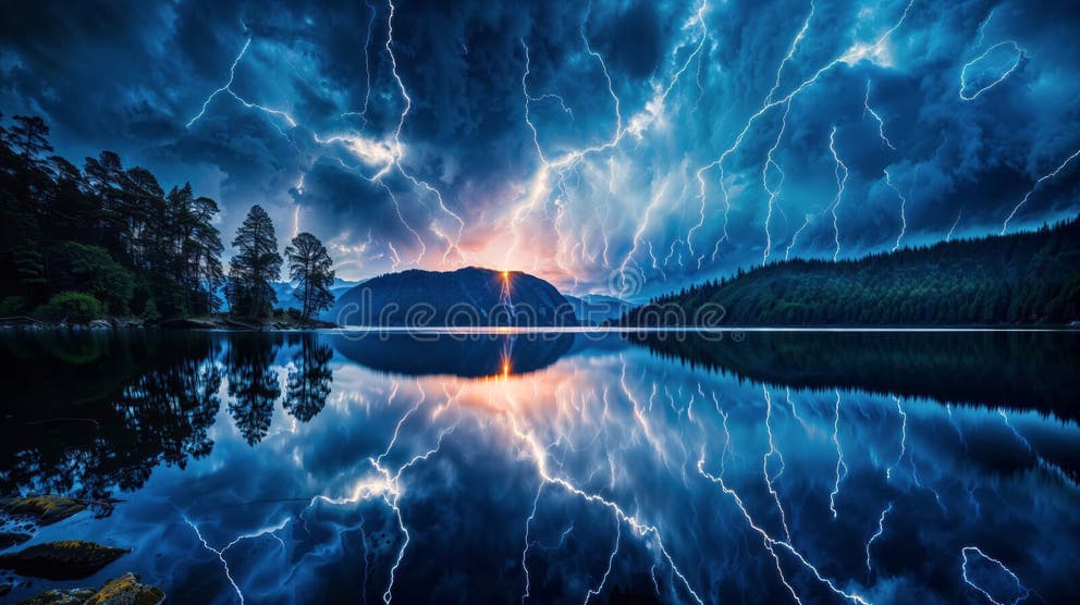 AI Generated Illustration of Dramatic Powerful Lightning Strikes Stock ...