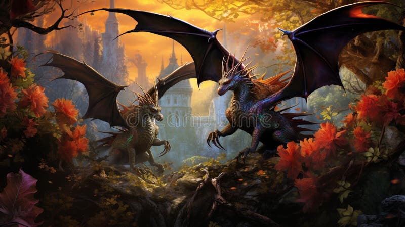 Two Dragon Fight in the Forest, One of Them Has an Evil Face Stock ...
