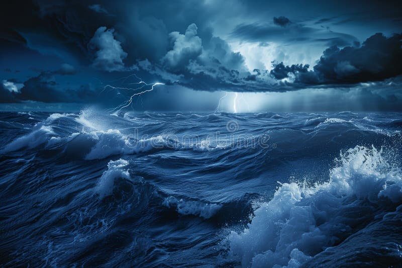 A Stormy Sky Over an Ocean with Lightning and Dark Clouds Stock Photo ...