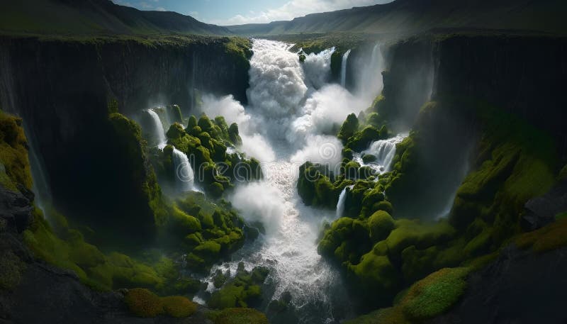AI Generated Illustration of a Dramatic Waterfall Cascading through a ...
