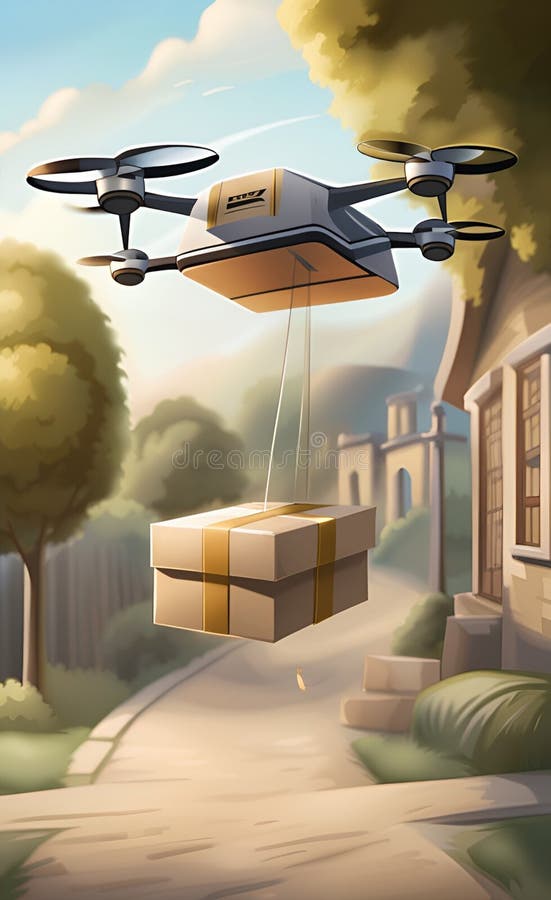 Drone Delivering a Box Package Parcel Flying in Sky Over the City Stock ...