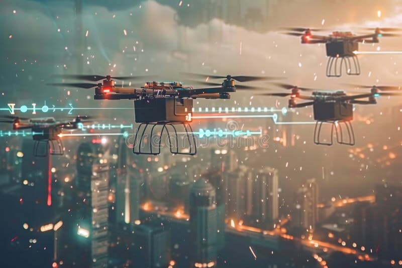 AI Generated Illustration of Drones Over a City at Night, Capturing ...