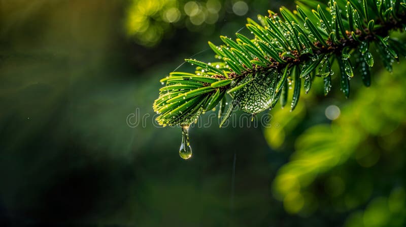 A Small Drop Hangs from the End of a Pine Tree Stock Photo - Image of ...