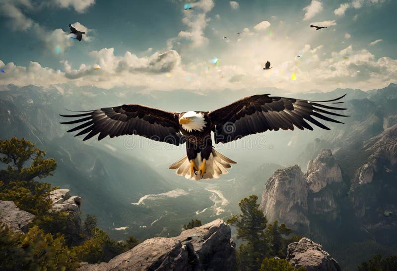 AI Generated Illustration of an Eagle Flying Near Mountains and Hills ...