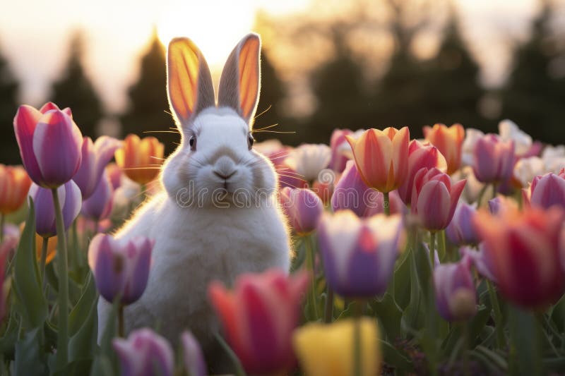 AI Generated Illustration of an Easter Bunny Amidst Blooming Sunset ...