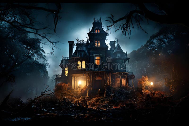 AI-generated Illustration of an Eerie Haunted House in a Night Setting ...