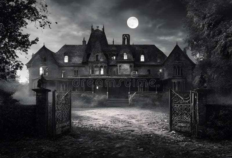 Eerie House with a Colossal Clock in the Distance, Surrounded by a ...