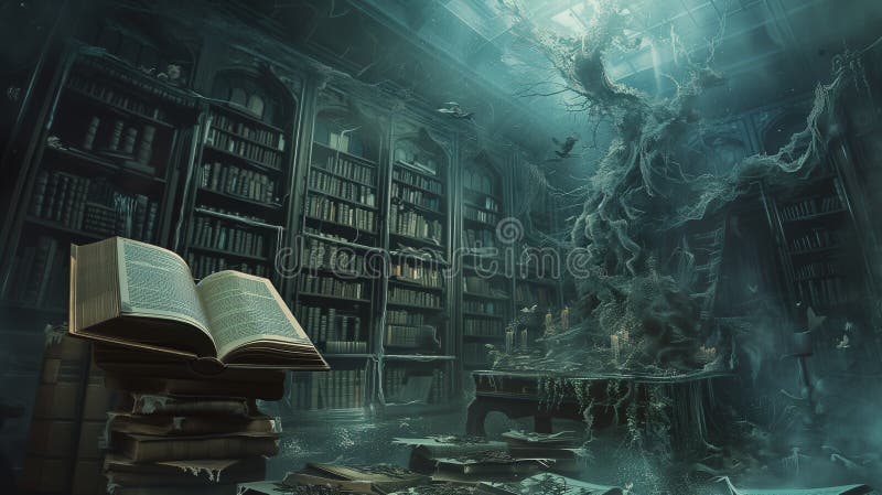 AI-generated Illustration of an Eerie Library Room Overgrown with Trees ...