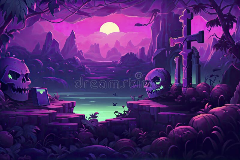 AI Generated Illustration of an Eerie Purple Night Scene of a Graveyard ...