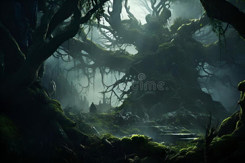 An Eerie Tree Stands Alone in a Dark Forest at Nigh Stock Illustration ...