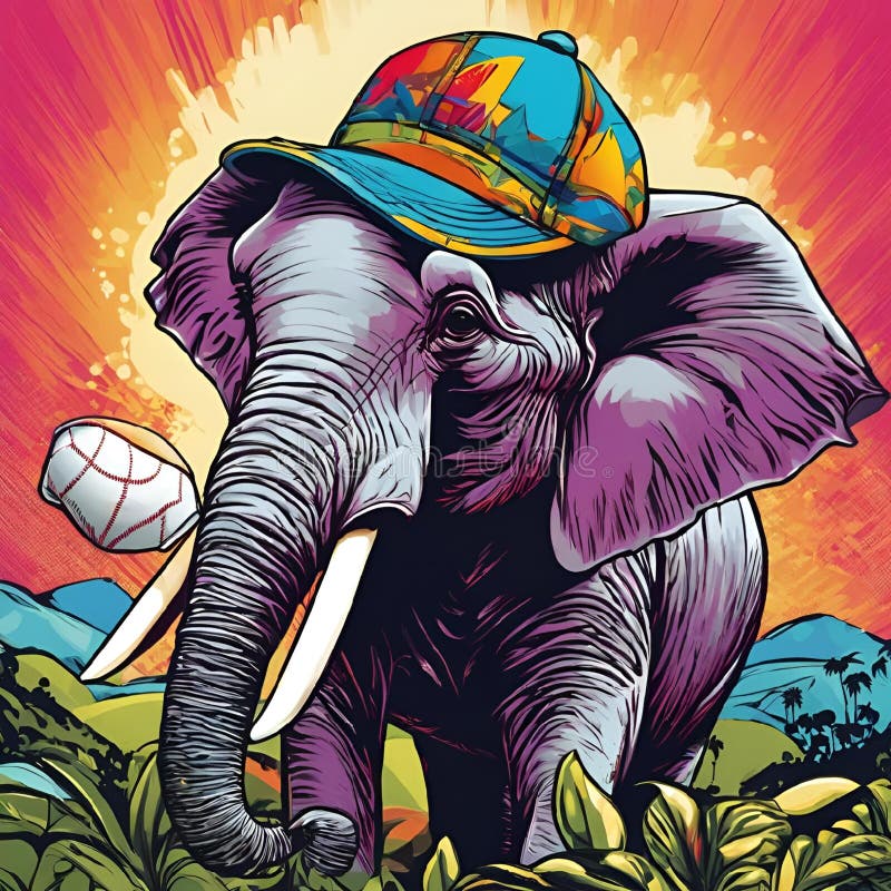 AI Generated Illustration of an Elephant in a Hat with Baseball Gear on ...