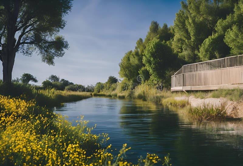 An Elevated Bridge Crosses a Stream with Trees Lining the Bank Stock ...