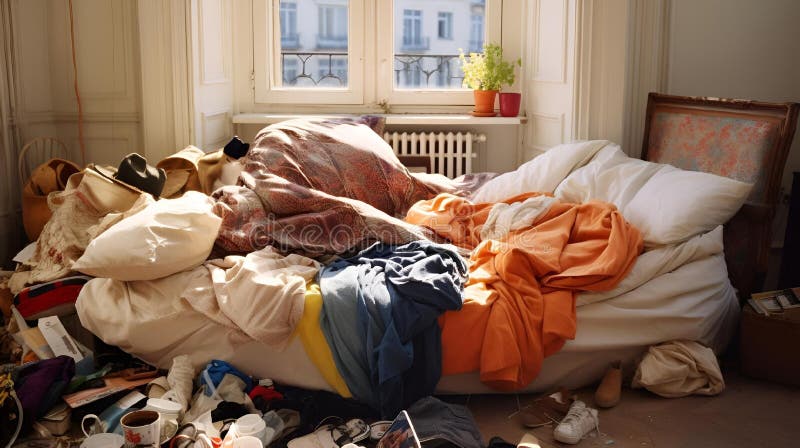 AI Generated Illustration of an Empty Bedroom Featuring a Messily ...