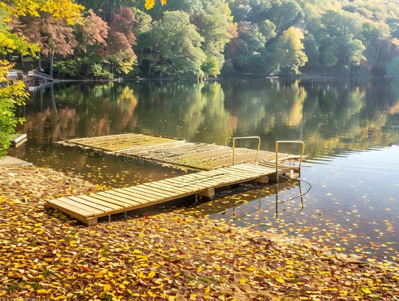 An Empty Dock Next To the Shore on a Lake Covered in Fall Foliage Stock ...