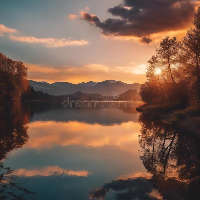 AI Generated Illustration of Empty Lake with Sun Reflection on the ...