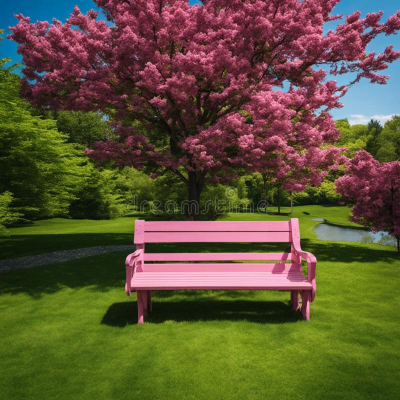 AI Generated Illustration of an Empty Pink Bench Situated on a Grassy ...