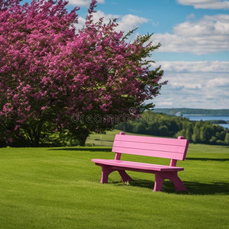 AI Generated Illustration of an Empty Pink Bench Situated on a Grassy ...