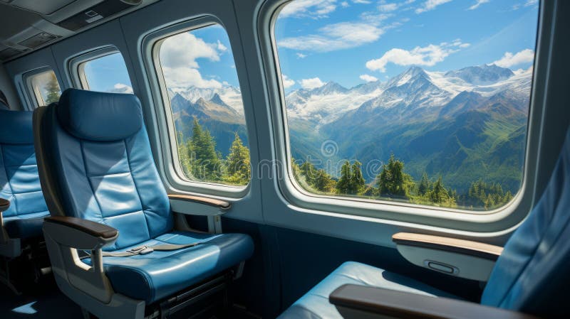 AI Generated Illustration of an Empty Train Car with Windows Showing a Mountainous View Stock ...