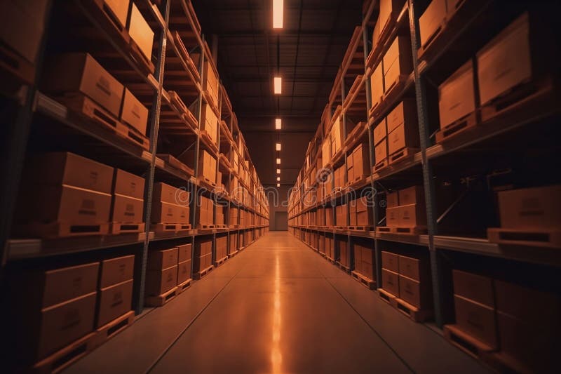 AI Generated Illustration of an Empty Warehouse with Rows of Stacked ...