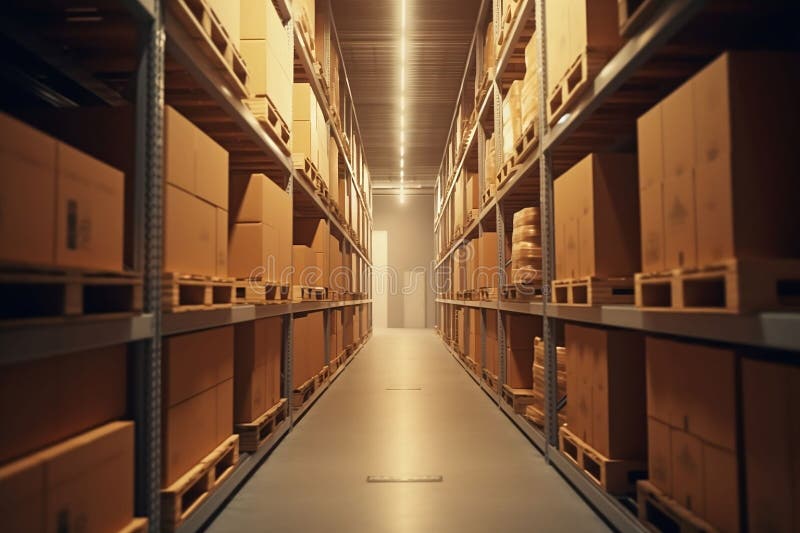 AI Generated Illustration of an Empty Warehouse with Rows of Stacked ...
