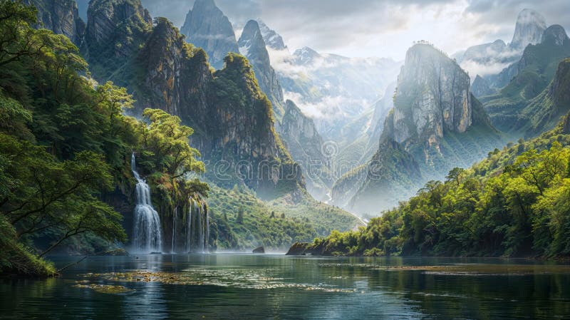 AI Generated Illustration of an Enchanted Mountain Valley Overlooking ...