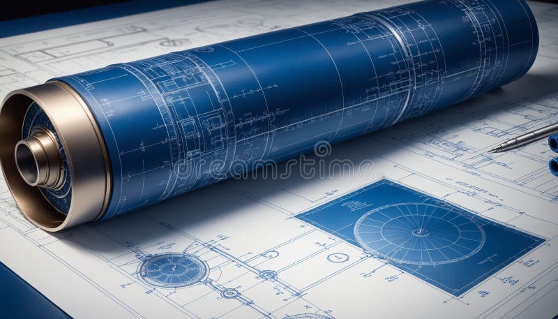 AI Generated Illustration of an Engineering Blueprints Rolled Up on the ...