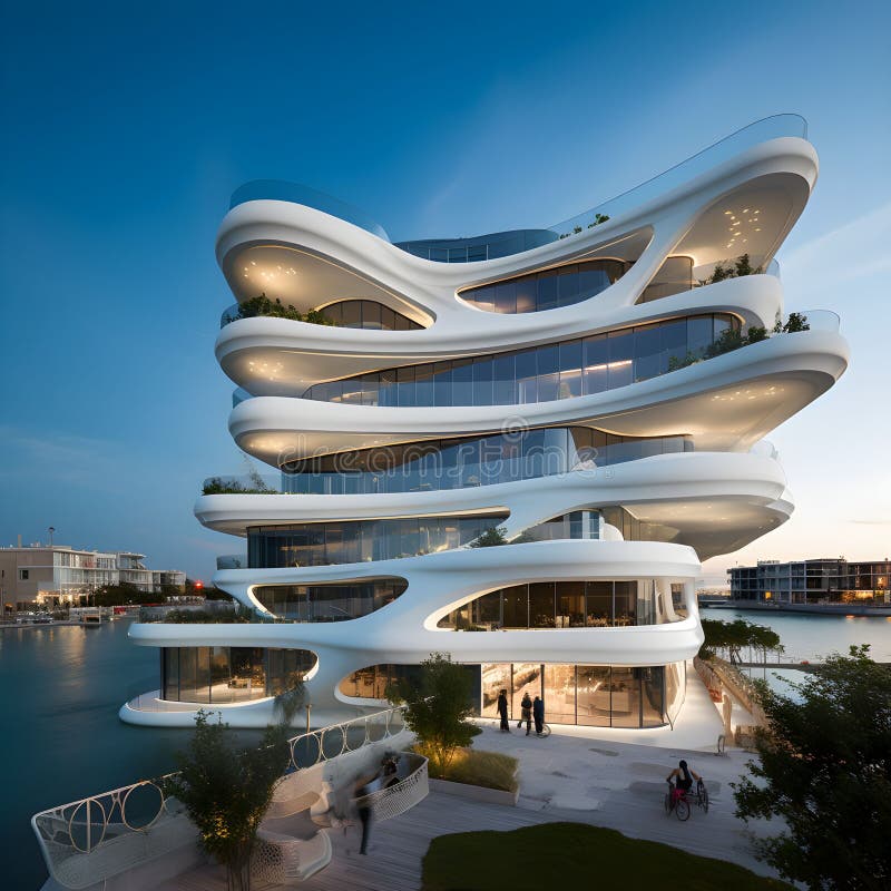 A Very Large Building with a Water Front Next To the Shore Stock ...